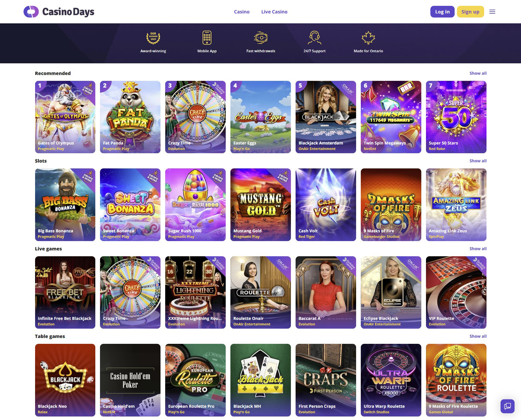 Casino Days online casino homepage